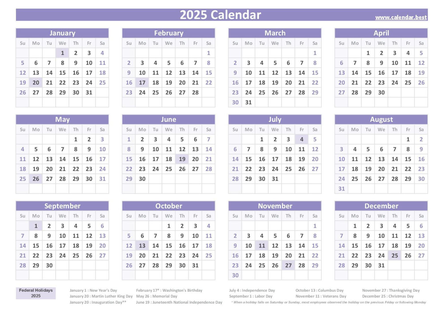 Printable Calendar with Holidays 2025 | Printable Calendars