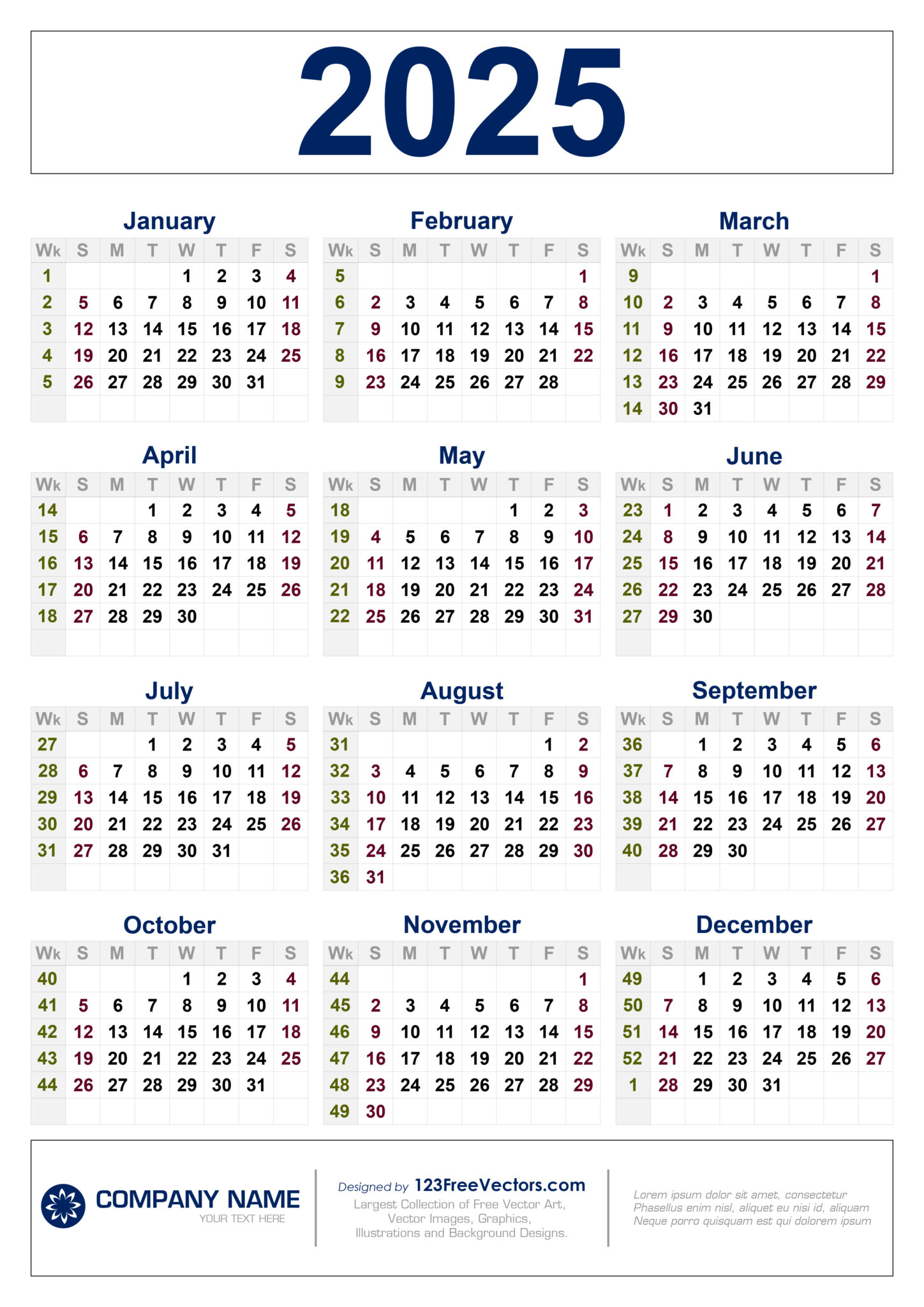 Free Printable 2025 Calendar with Week Numbers | Printable Calendars