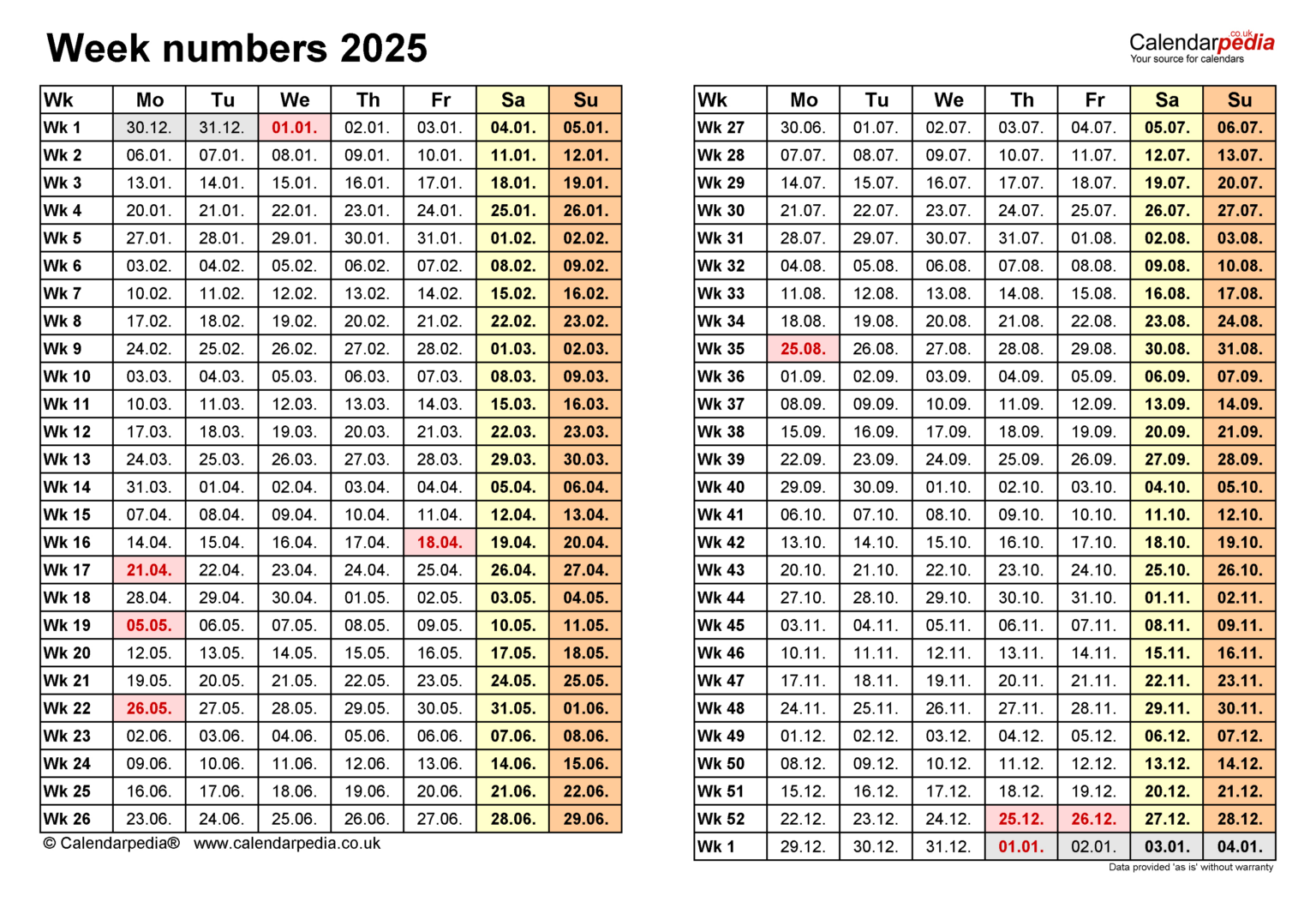 2025 Week Numbers Calendar Printable | Printable Calendars