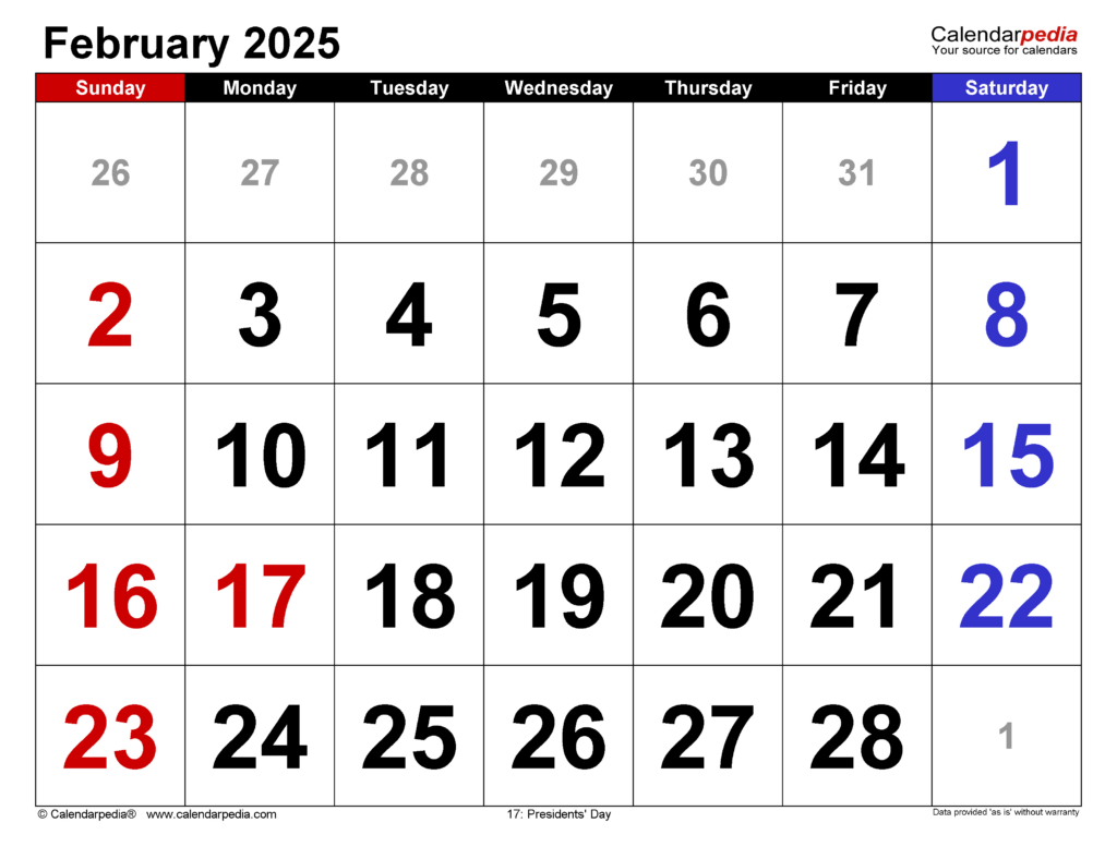 February Calendar 2025 Numbers Printable | Printable Calendars