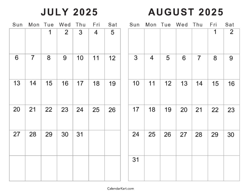 Free Printable July and August 2025 Calendar | Printable Calendars
