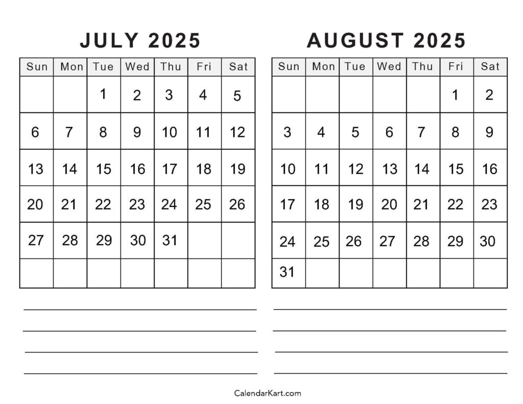 July and August 2025 Printable Calendar | Printable Calendars