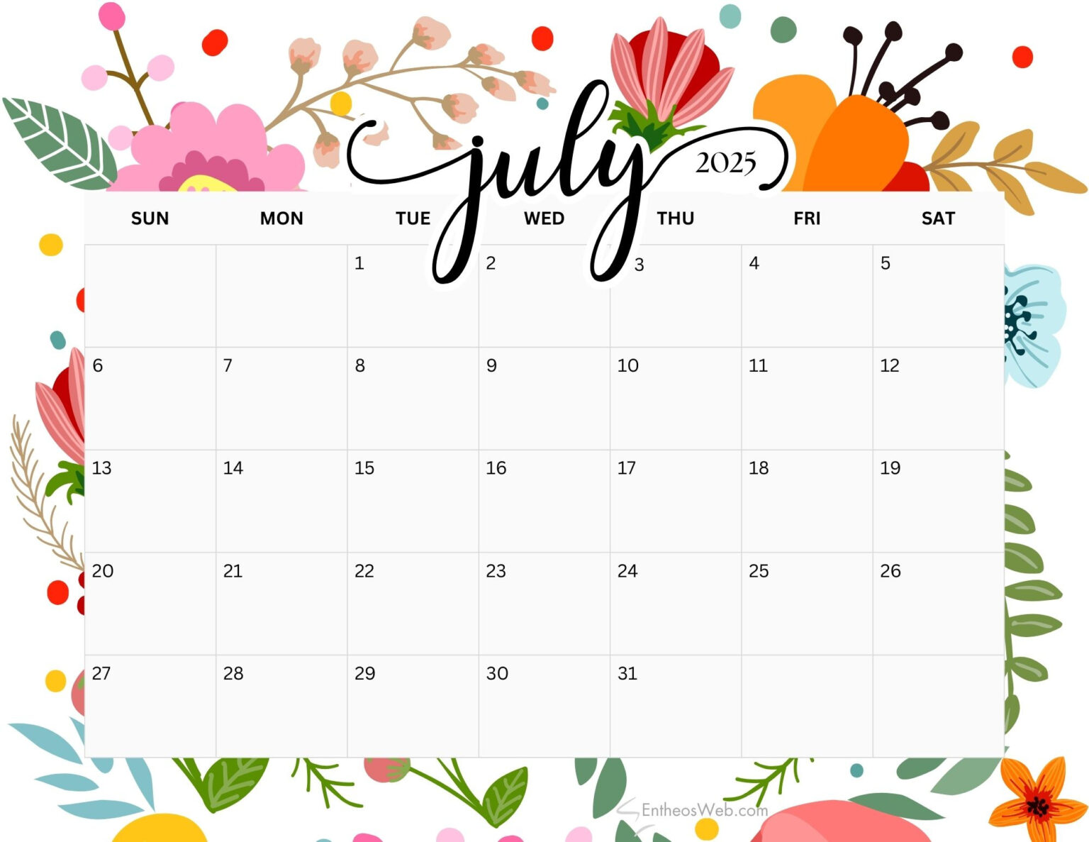 Cute July 2025 Printable Calendar | Printable Calendars