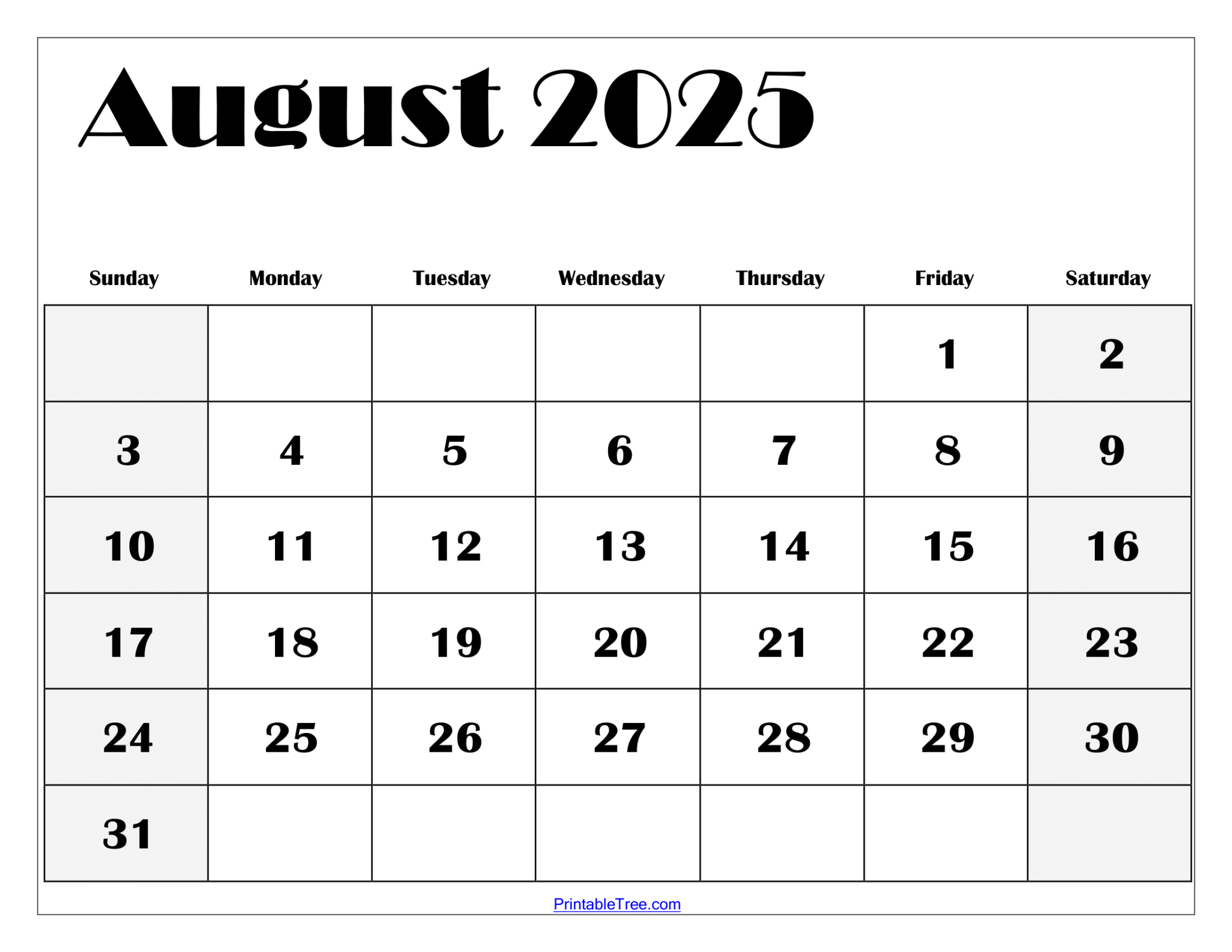 Blank Calendar Template August 2025 | Printable Calendars