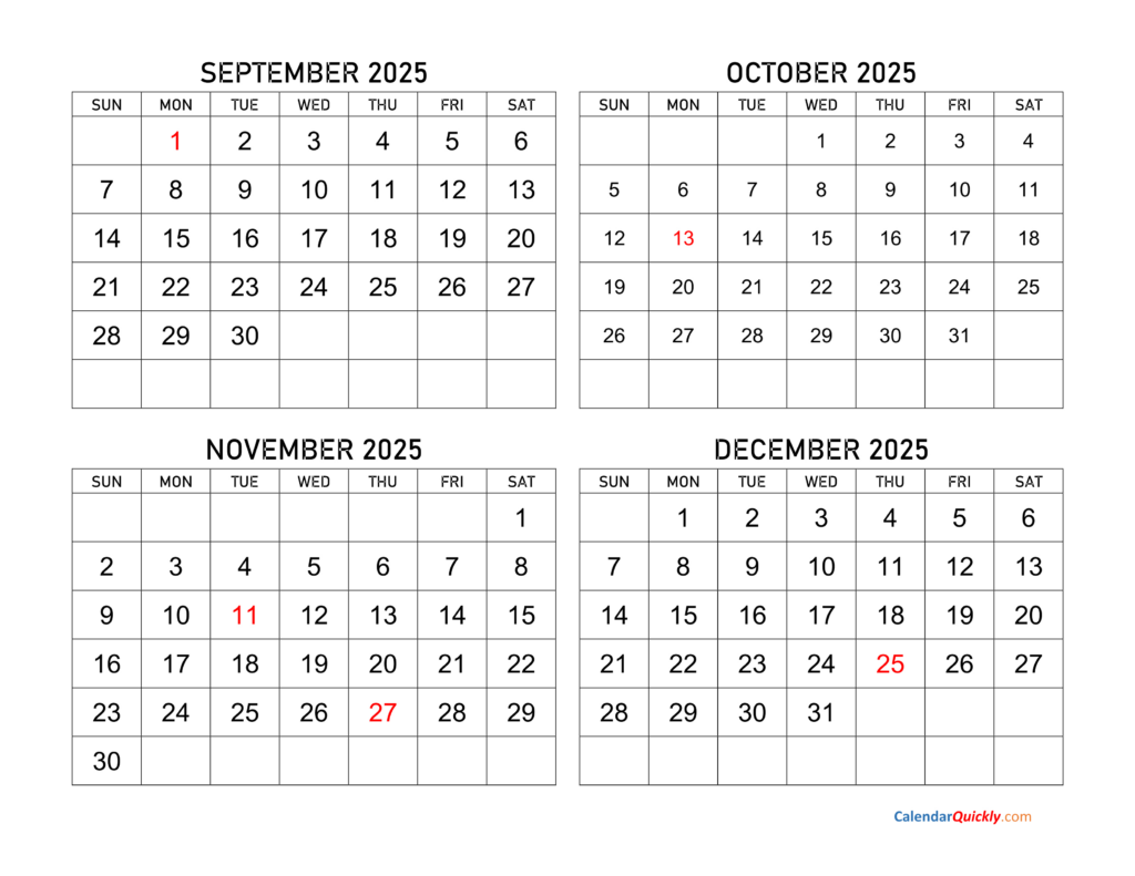 September - December 2025 Calendar | Printable Calendars