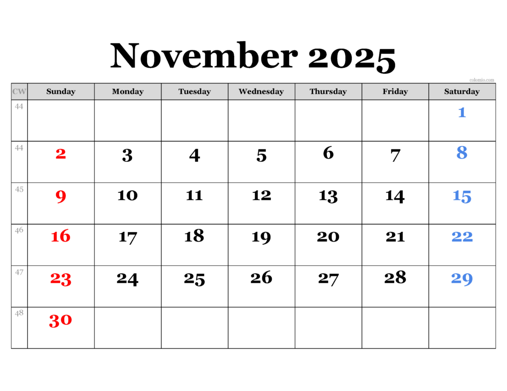 Excel November 2025 Calendar | Printable Calendars
