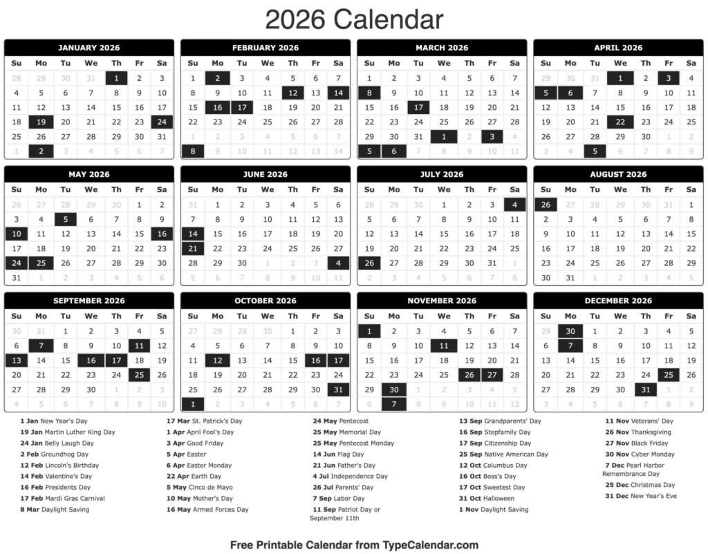 2026 Calendar Printable Time and Date | Printable Calendars
