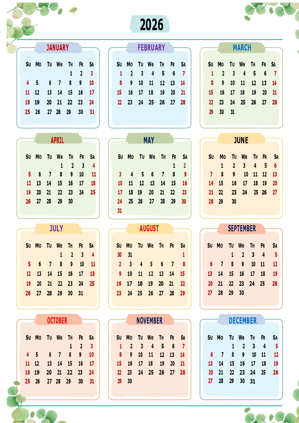 2026 One Page Printable Calendar 2026 One Page Printable Calendar