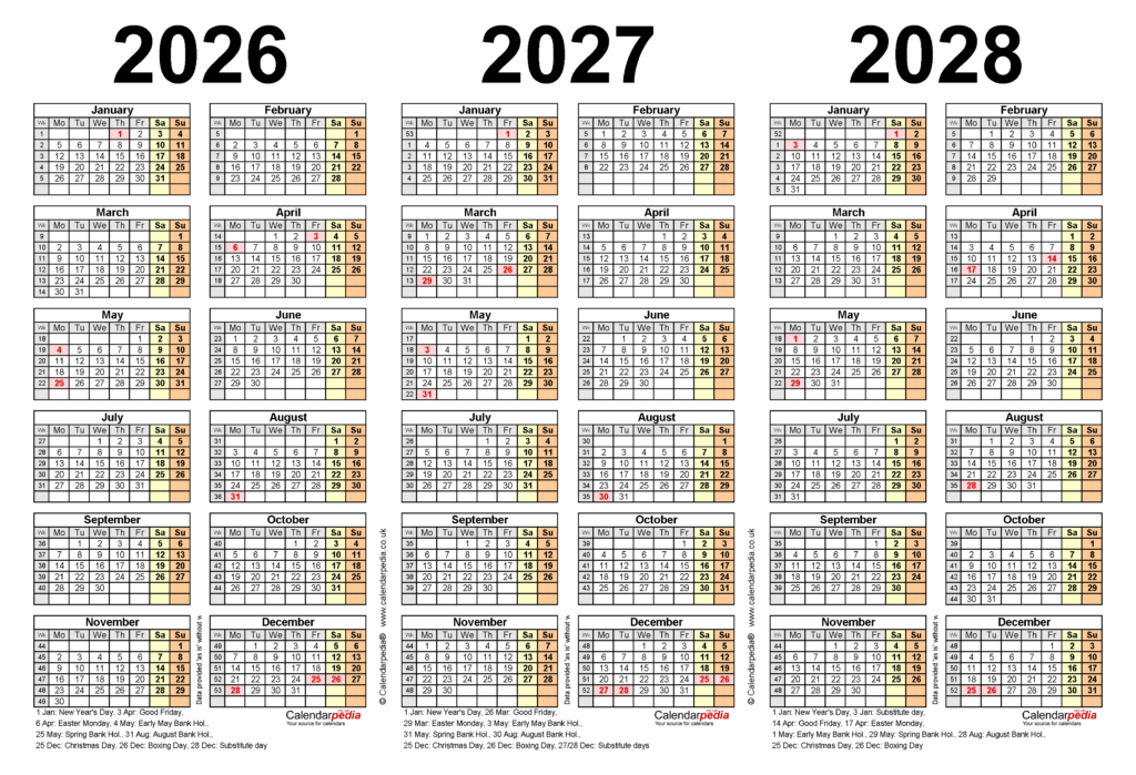 Printable 3 Year Calendar 2026 2027 2028 | Printable Calendars