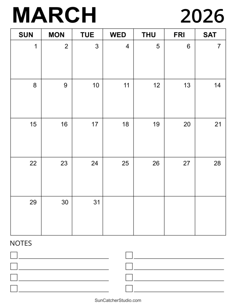 Blank March 2026 Printable Calendar | Printable Calendars